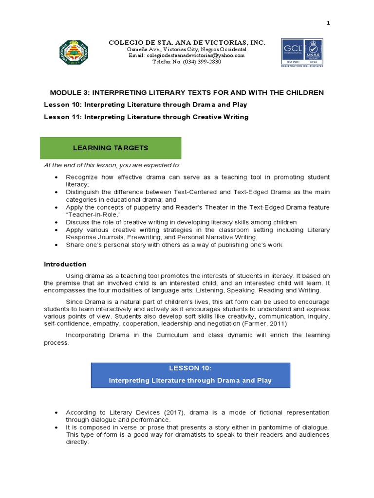 Lesson 10 and 11 Drama and Play Creative Writing | PDF | Thought ...