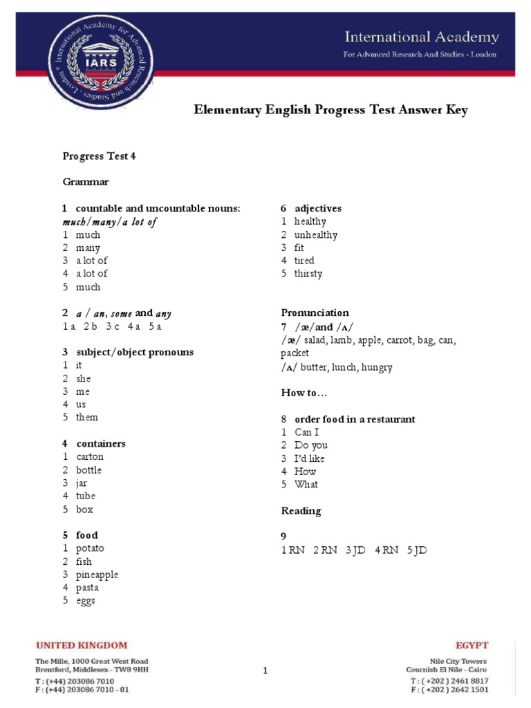 Elementary English Progress Test 4 - Answer Key | PDF
