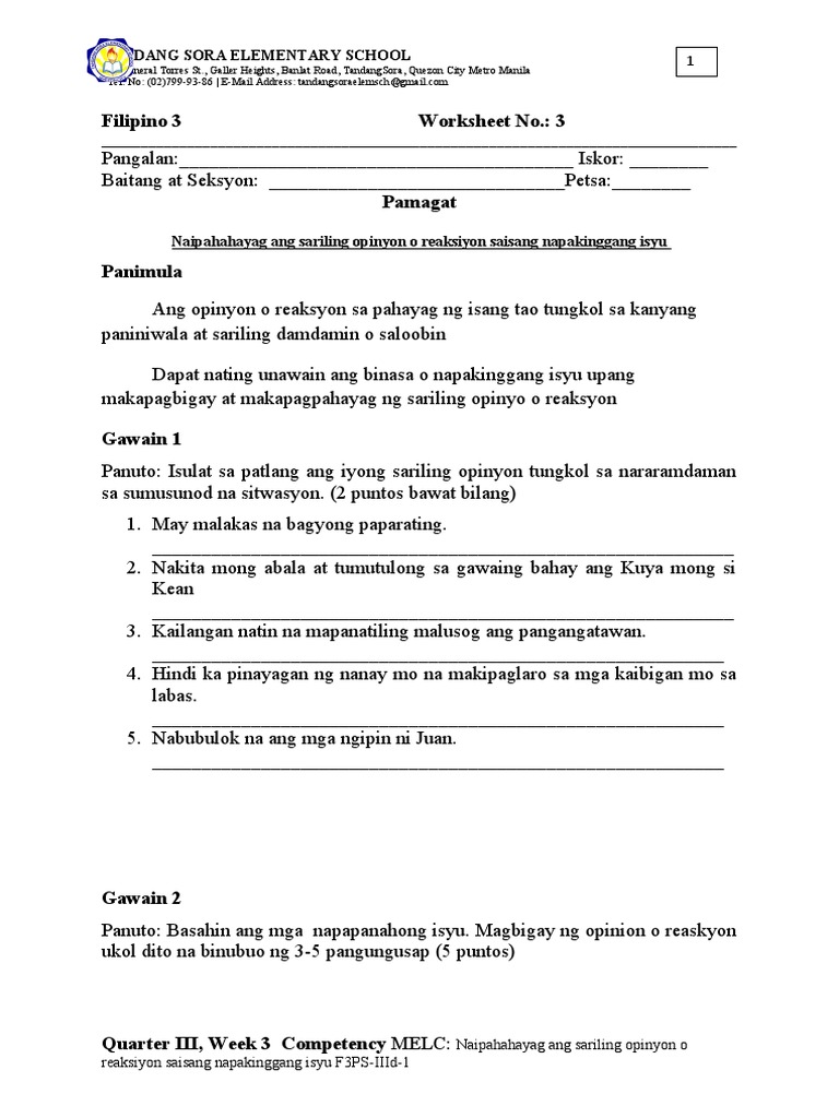 Filipino-3-Q3W3-worksheets | PDF