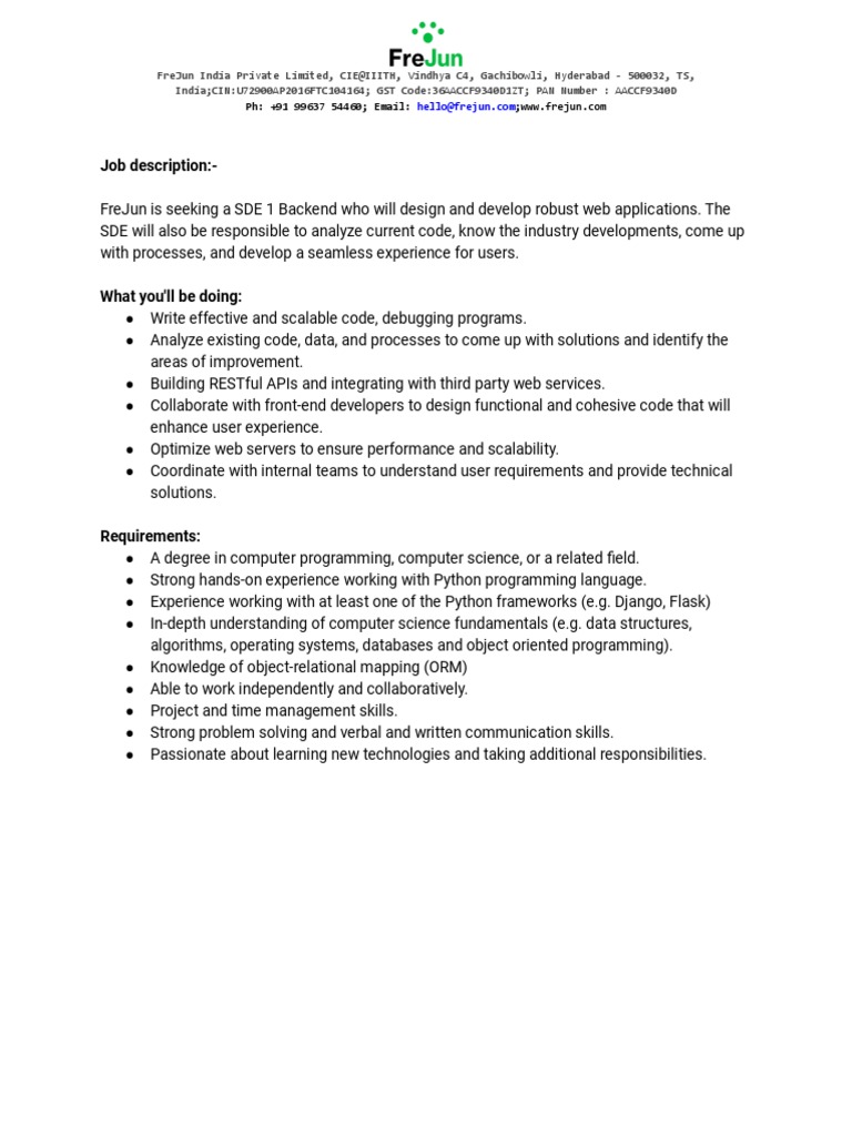 FreJun Job Description For SDE - Backend Freshers | PDF