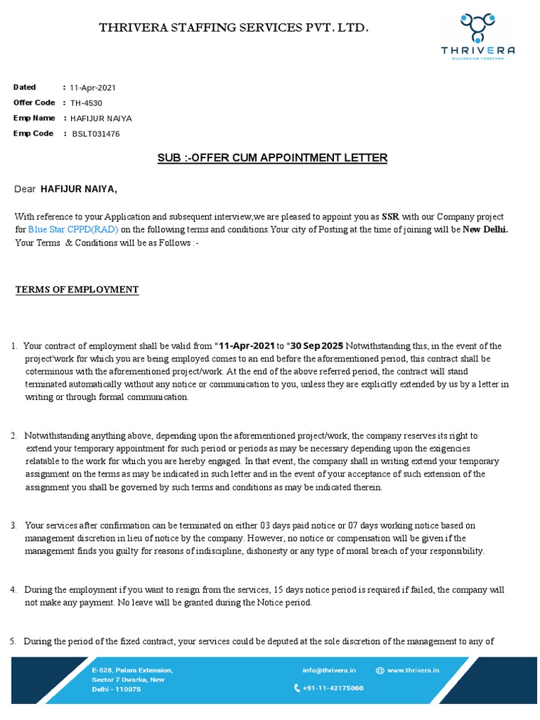 Offer Leter . | PDF | Employment | Insurance