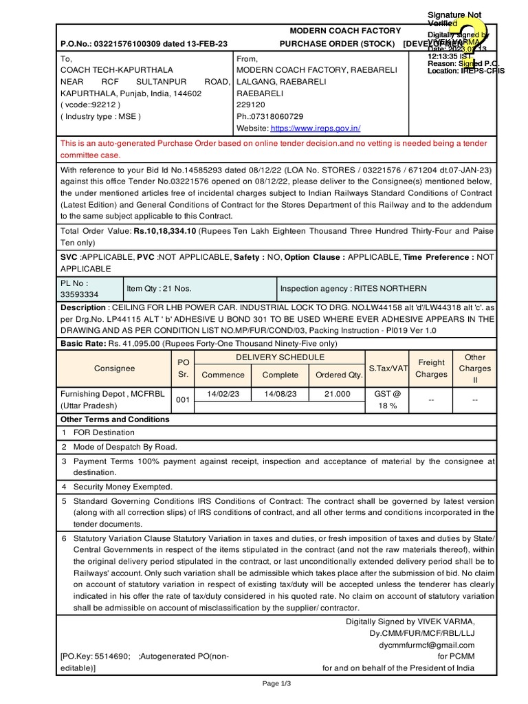 03221576100309-Ceiling For LHB Power Car Qty 21 Nos | PDF | Value Added ...
