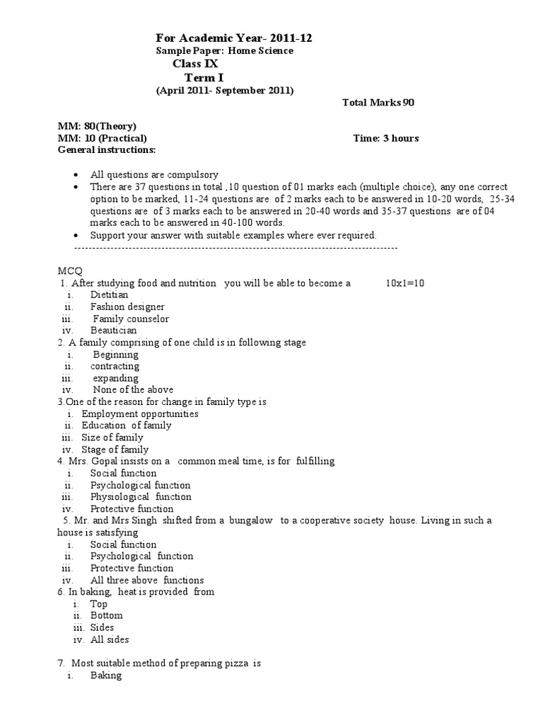 SQP Ist Term HomeScience IX X Term I 2011 PDF Multiple Choice Baking