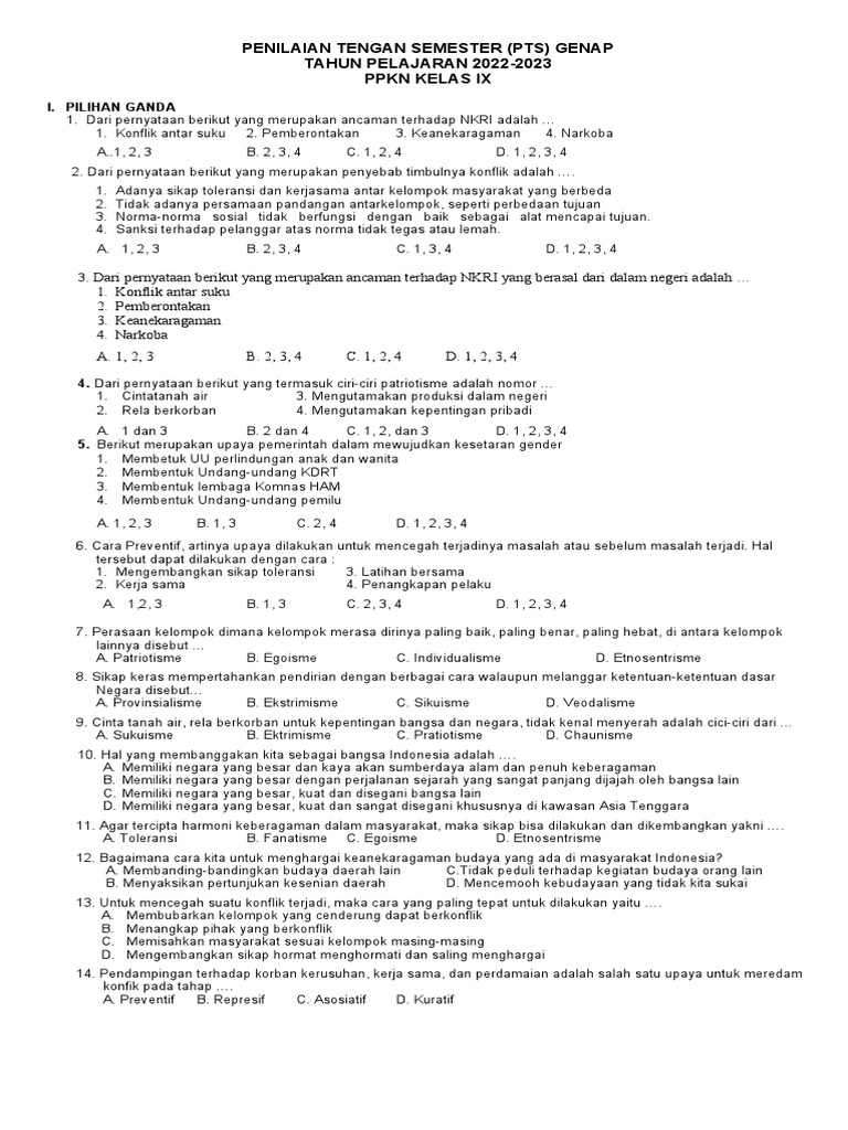 SOAL PTS GENAP PPKN KELAS IX 2022-2023 OK Fix | PDF