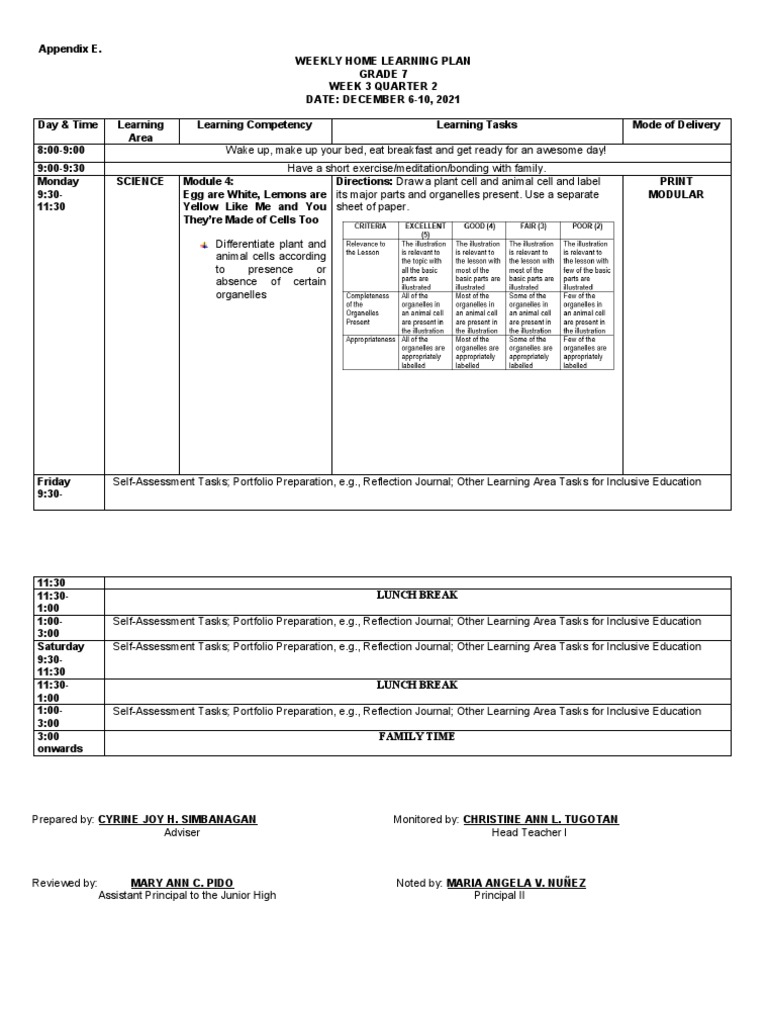 Weekly Home Learning Plan for Grade 7 Students Covering Science, Self-Assessment Tasks, and ...