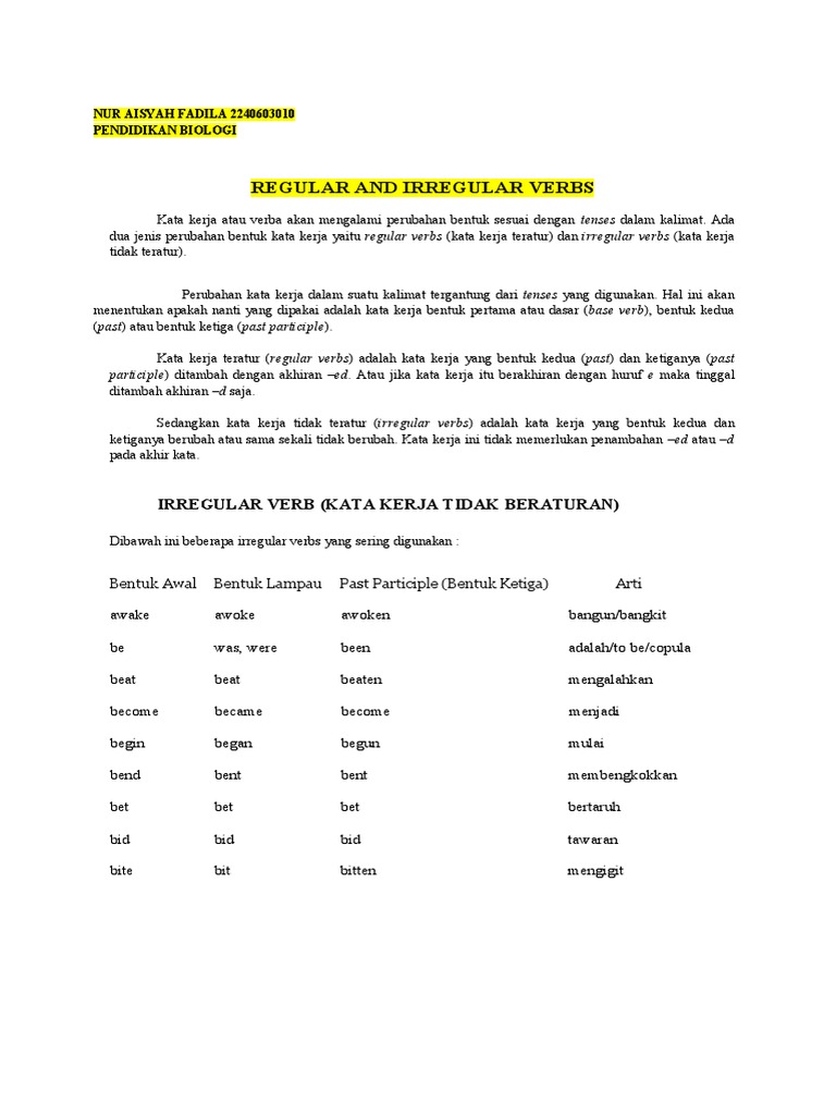 Panduan Regular dan Irregular Verbs | PDF | Seni & Disiplin Bahasa