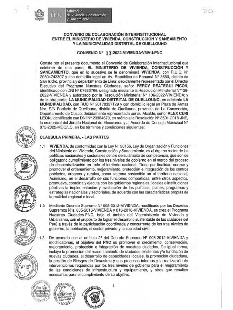 Modelo Convenio 33-2022-Vivienda - VMVU - PNC Municipalidad Distrital de Quellouno ( | PDF