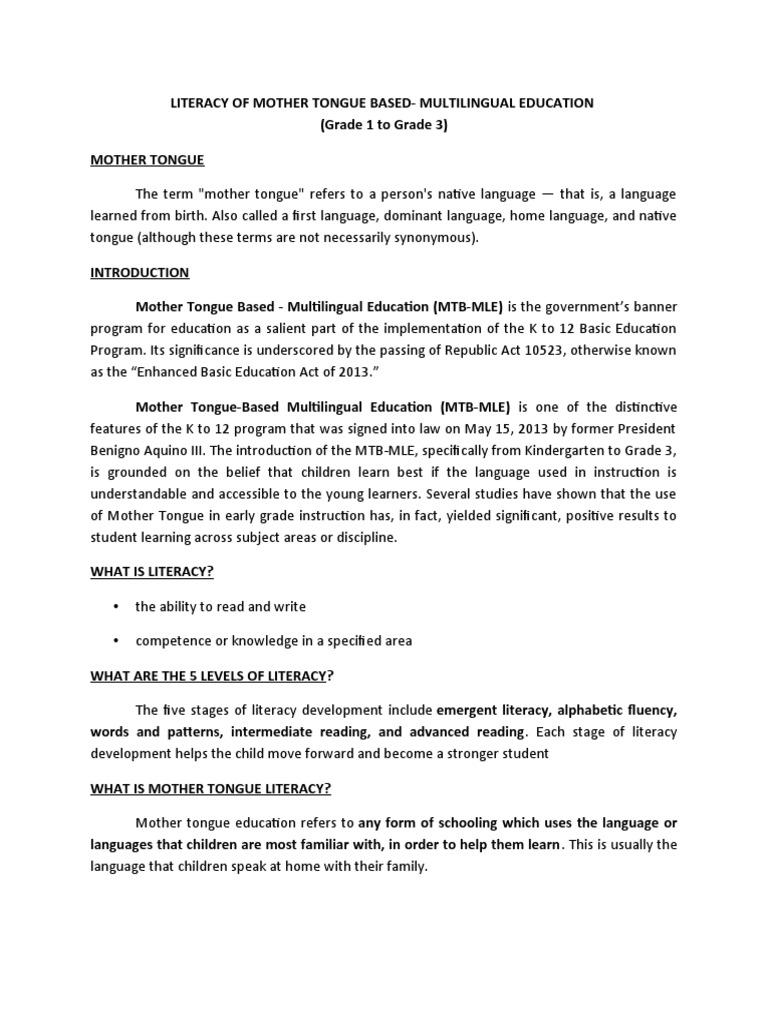 MTB Mle Literacy | PDF | Second Language | First Language