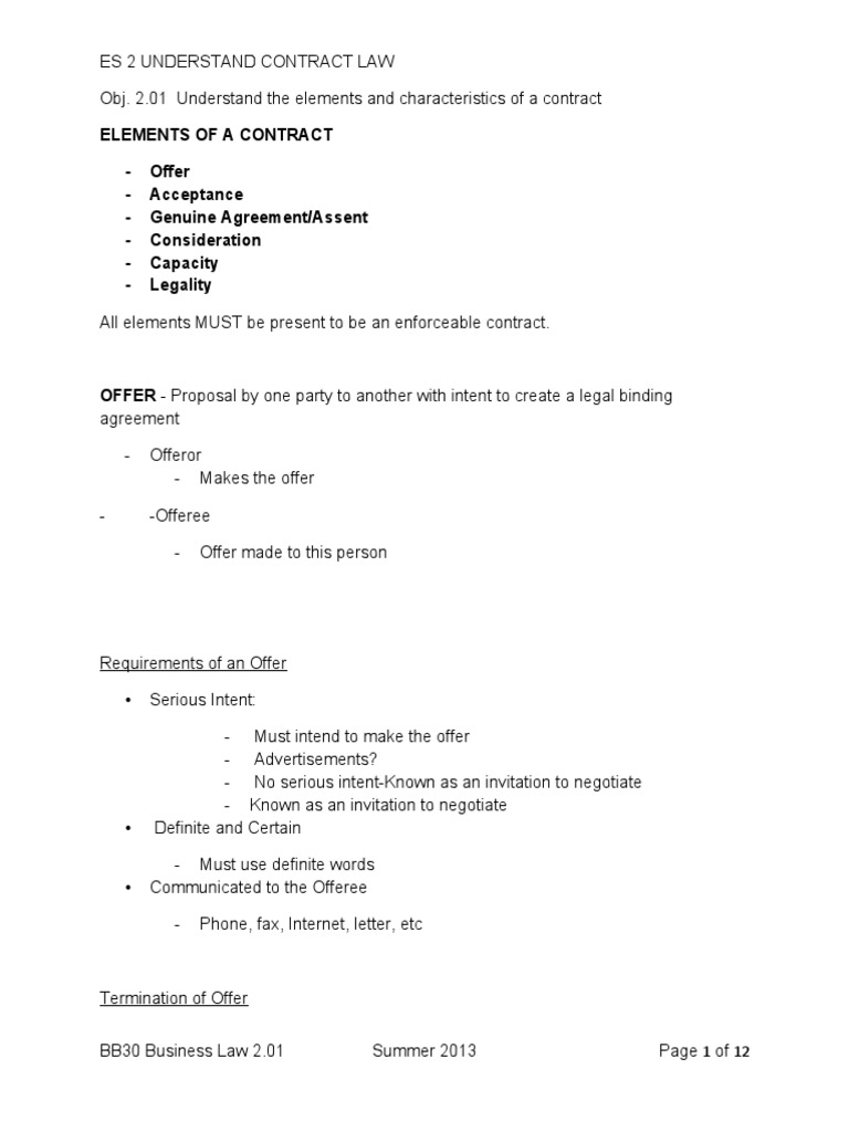 BB30 2.01 Notes Organizer Understand Contract Law | PDF | Offer And ...