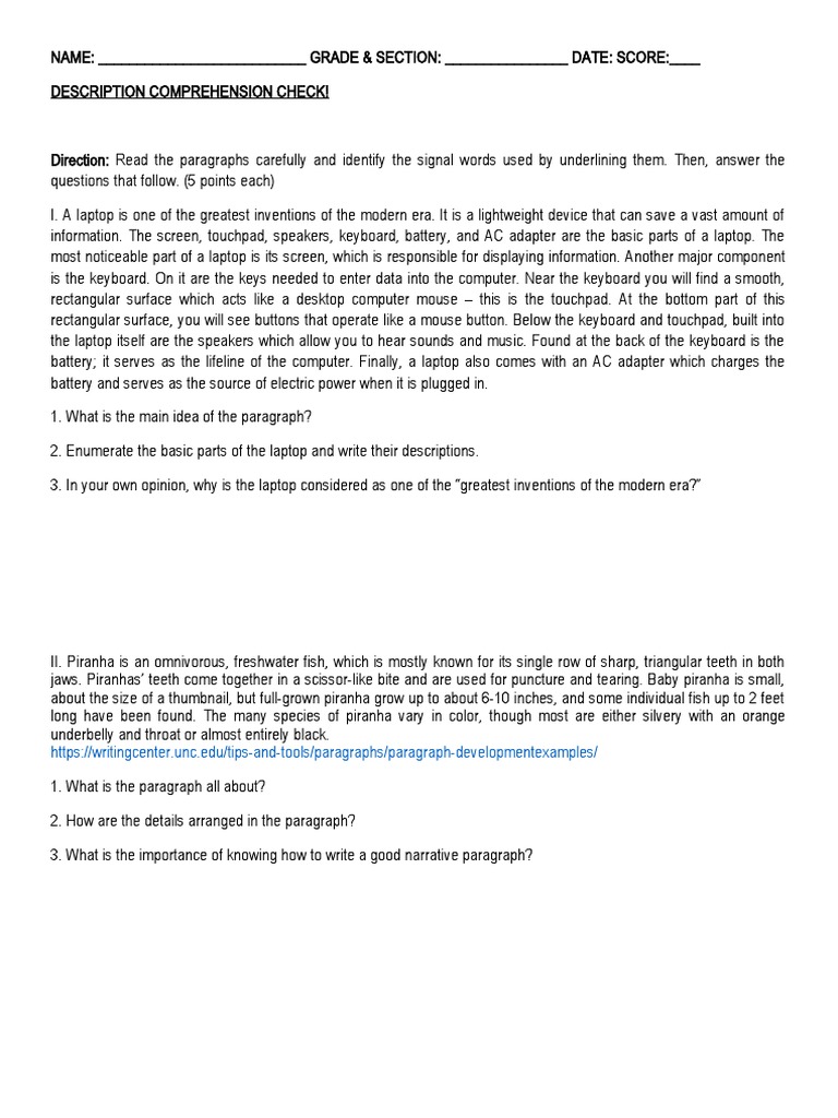 Descriptive Writing Quiz | PDF