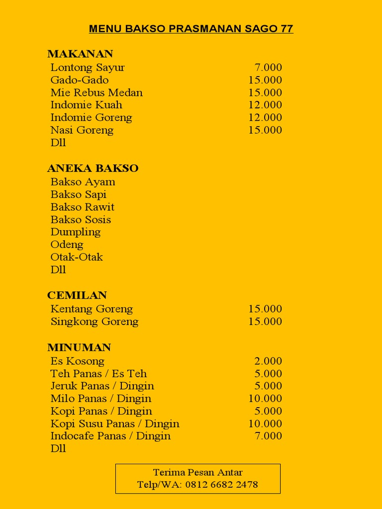 Menu Bakso Prasmanan Sago 77 | PDF | Memasak, Makanan, & Anggur