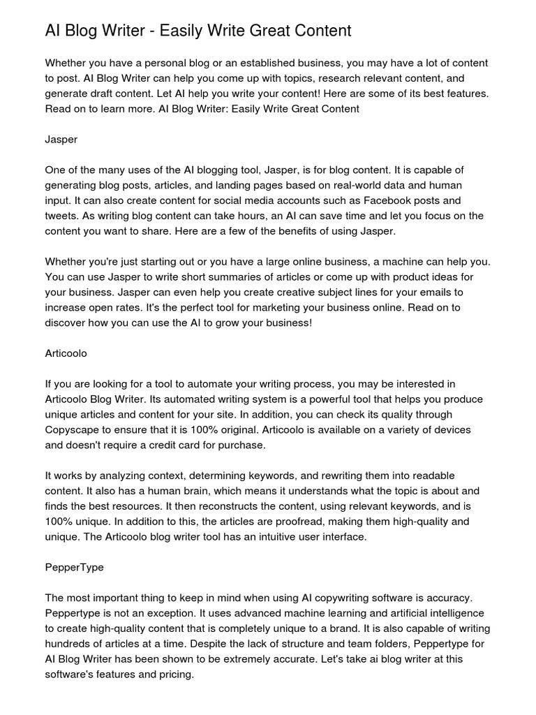 AI Blog Writer Easily Write Great Contentpdcss | PDF | Artificial ...