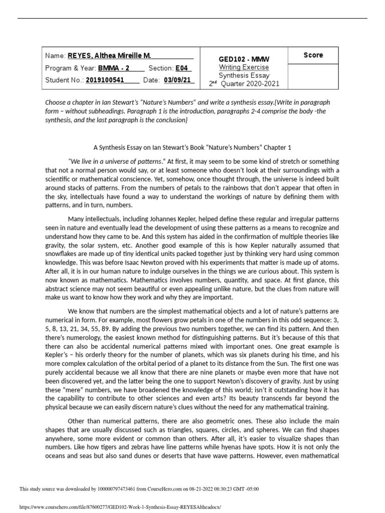 GED102 Week 1 Synthesis Essay REYES Althea | PDF | Pattern | Mathematics