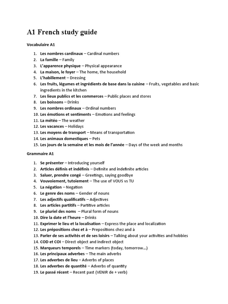 A1 French Study Guide | PDF