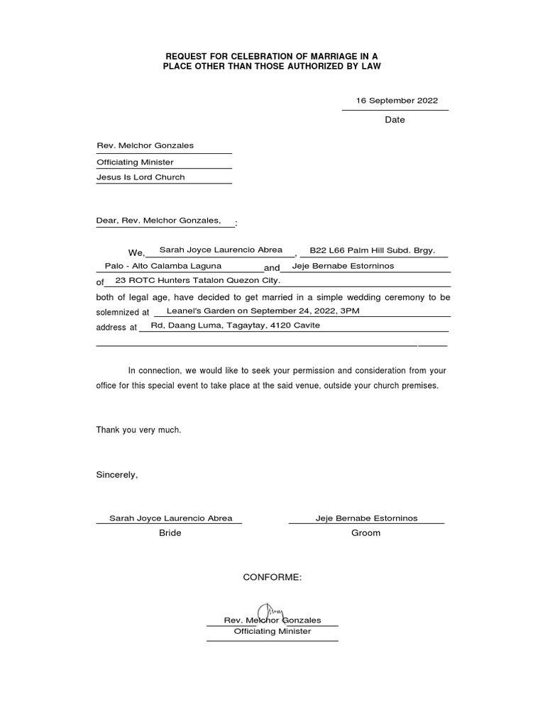 Request For Celebration of Marriage in A Place Other Than Those ...