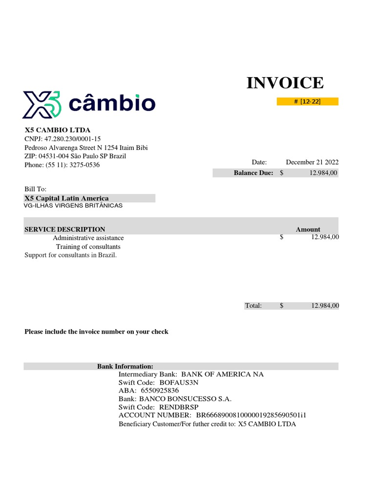 Invoice for X5 Cambio Ltda Services | PDF
