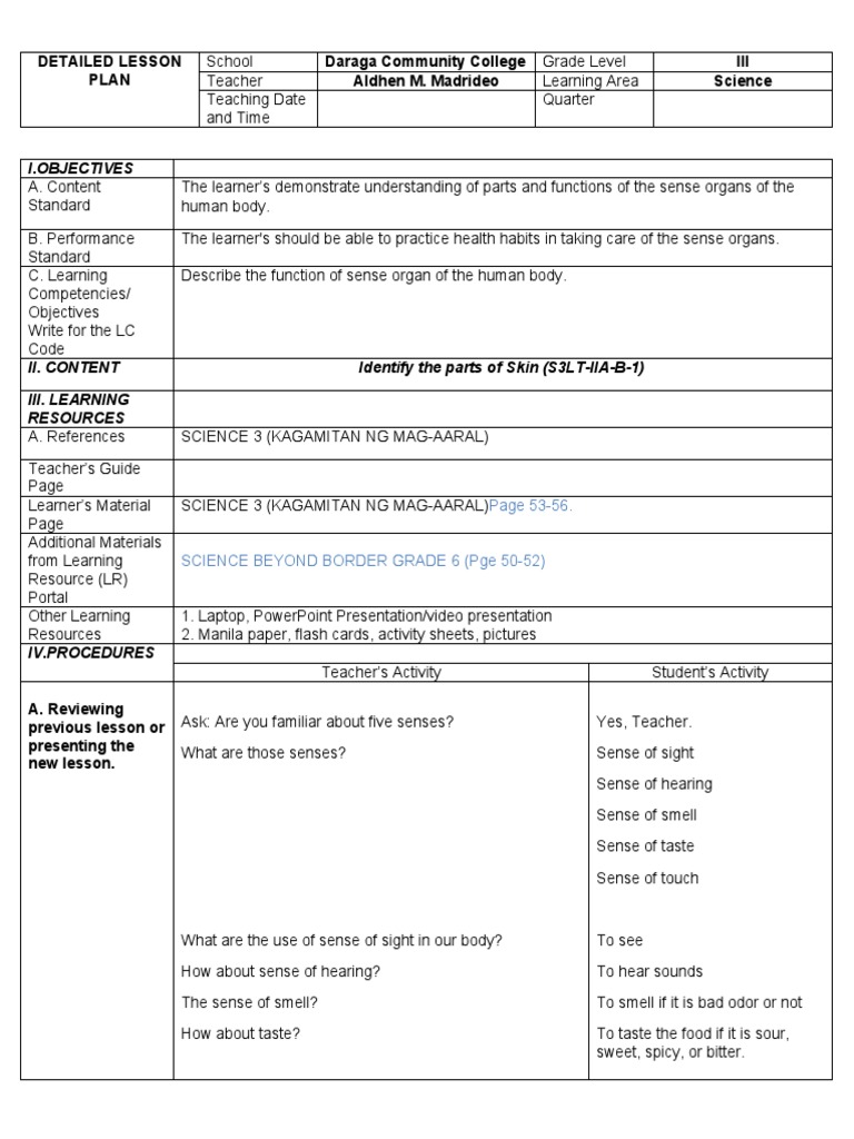 Detailed Lesson PLan G3 Science | PDF | Skin | Senses