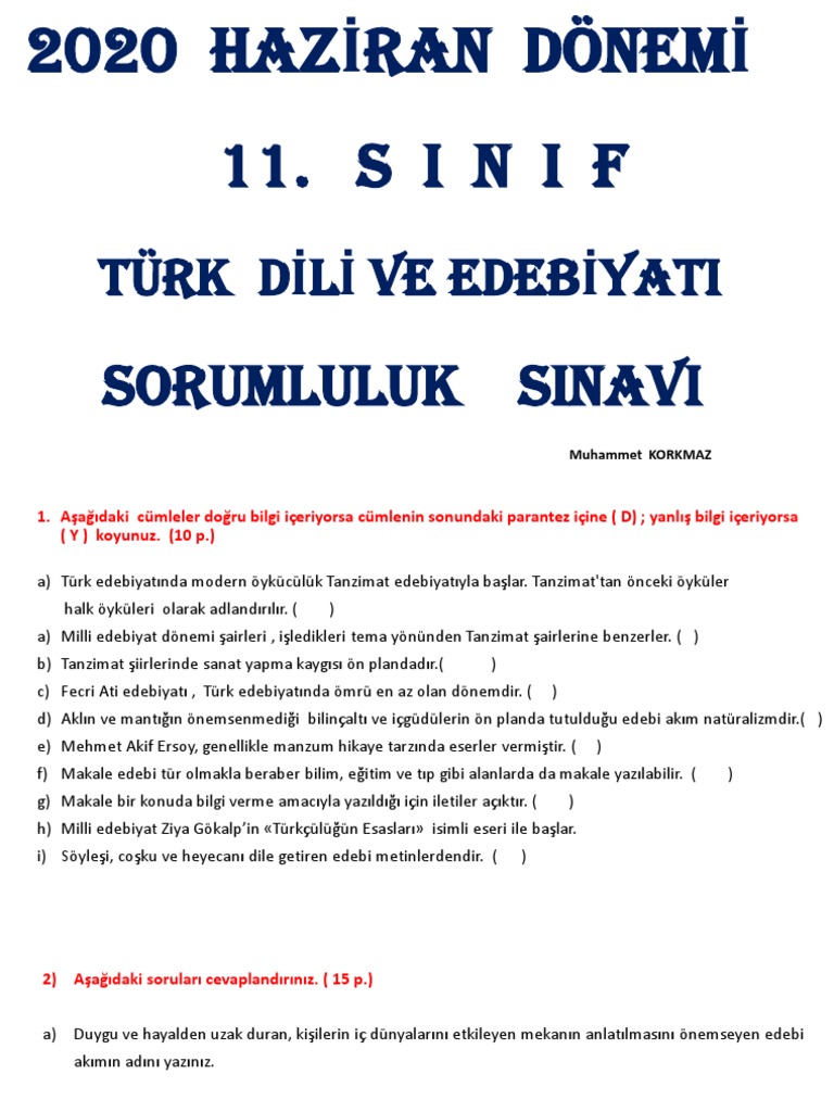 11.sinif Turk Dili Edebiyati Sorumluluk Sinav Sorulari Ve Cevaplari | PDF