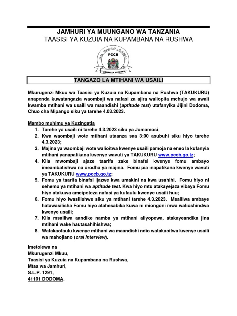 Majina Ya Walioitwa Usaili Takukuru Feb 2023 | PDF