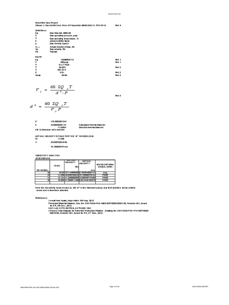 Line Sizing Report for Gas Outlet Line from HP Separator to PCV 001A | PDF | Gases | Statistical ...