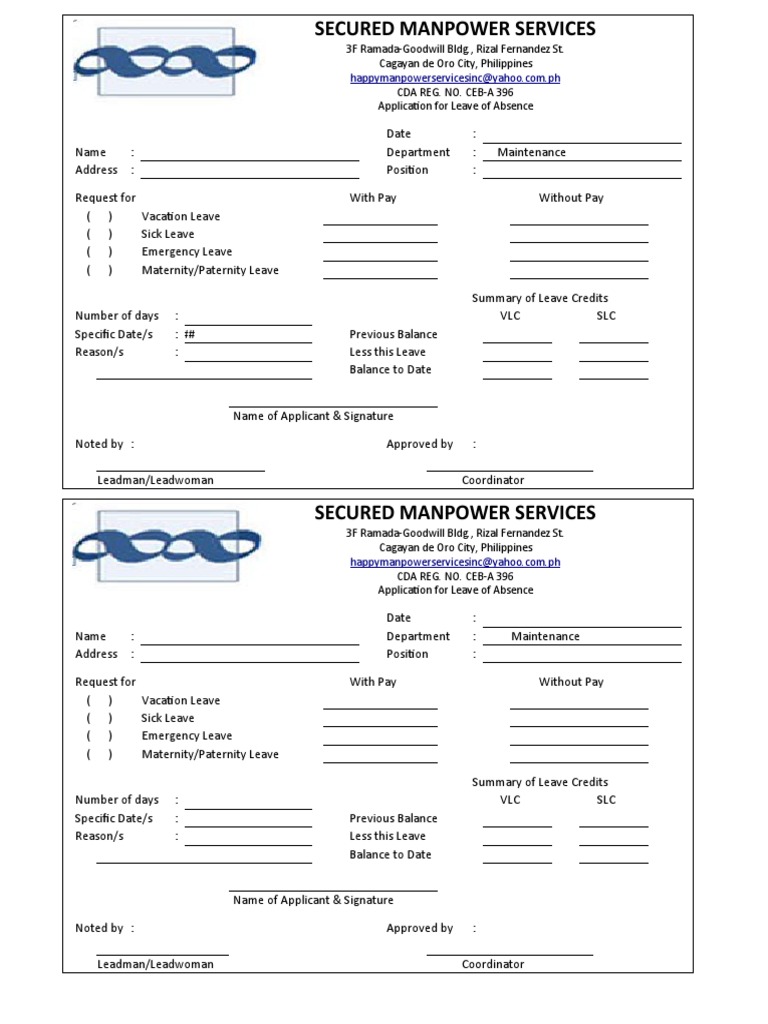 Application for Leave of Absence from Secured Manpower Services | PDF ...