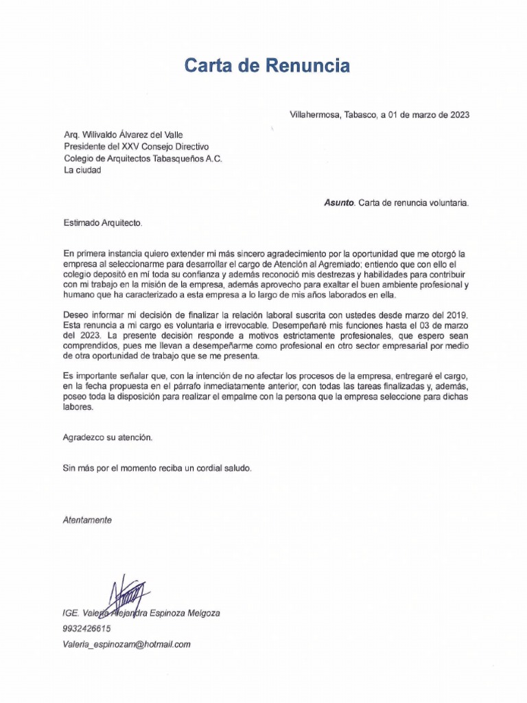 Carta de Renuncia Vale | PDF