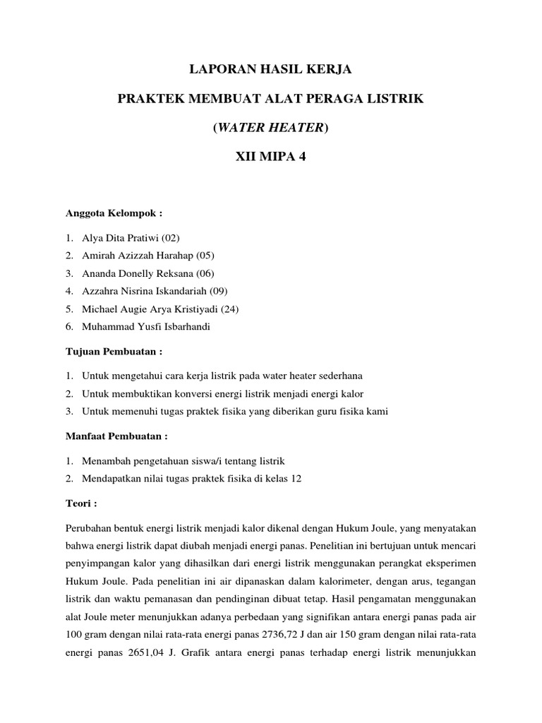 Laporan Hasil Kerja Alat Praga Listrik (Water Heater) | PDF | Sains & Matematika | Teknologi ...