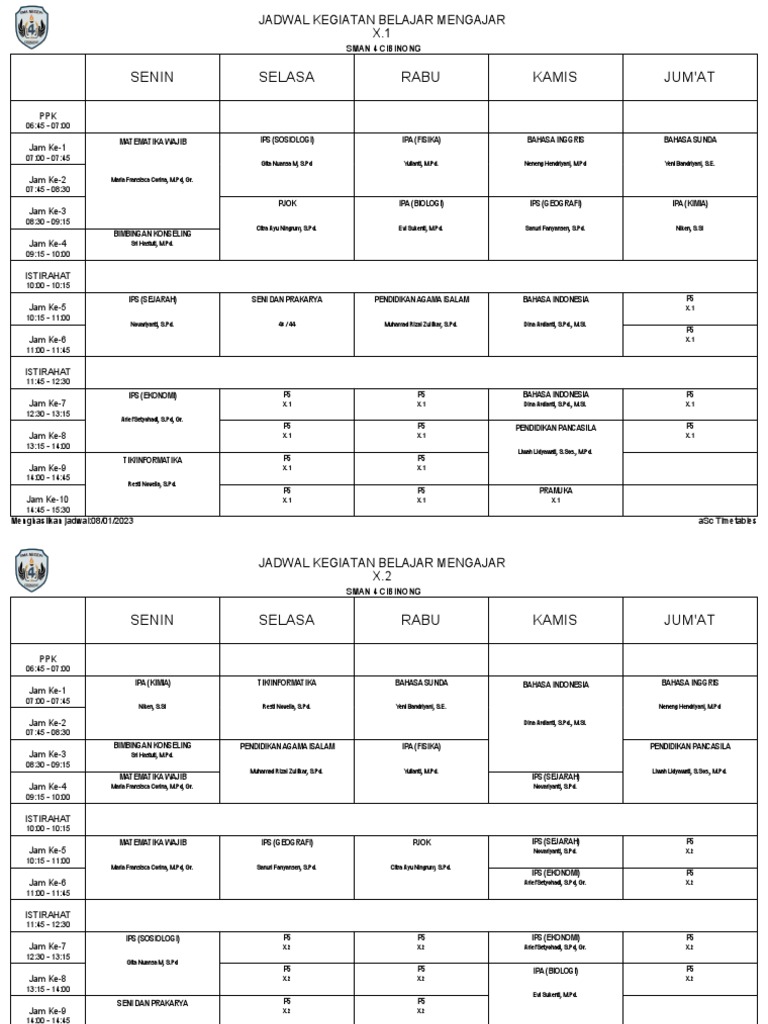 JADWAL KBM Genap Untuk Kelas | PDF