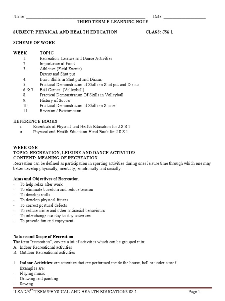 JSS1 Third Term PHE Lesson Notes | PDF | Foods | Volleyball