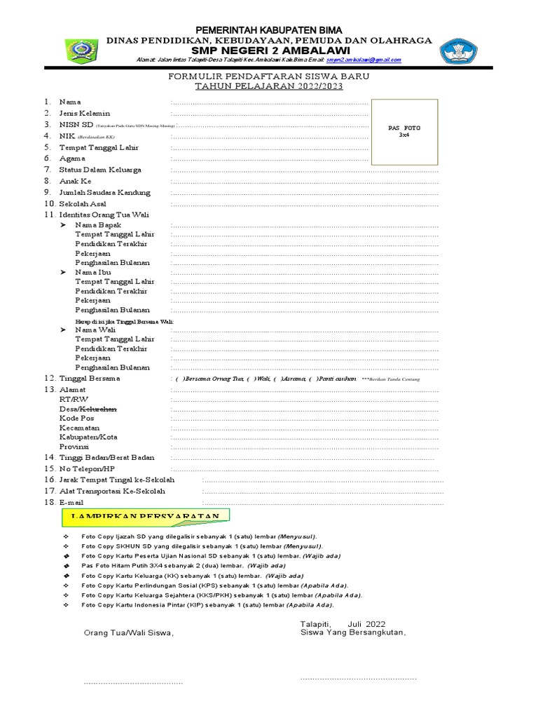 Formulir Pendaftaran SMP 2022 | PDF