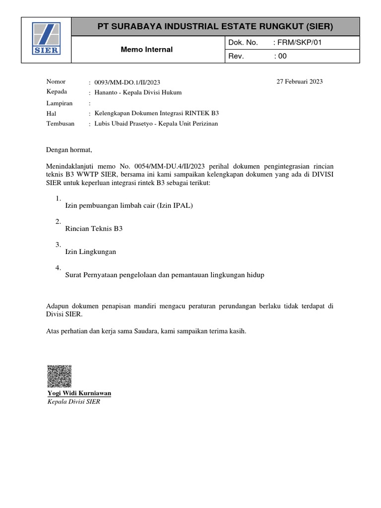 PT Surabaya Industrial Estate Rungkut (Sier) : Memo Internal | PDF