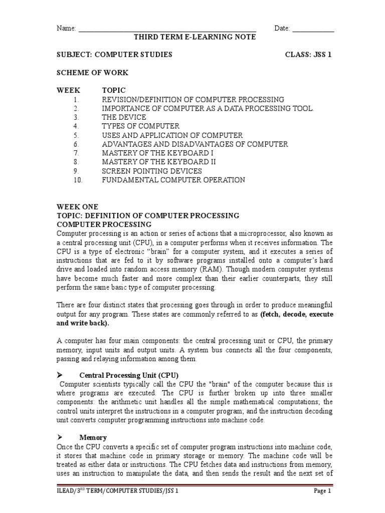 3RD Term J1 Computer Studies | PDF | Computer Data Storage | Central ...
