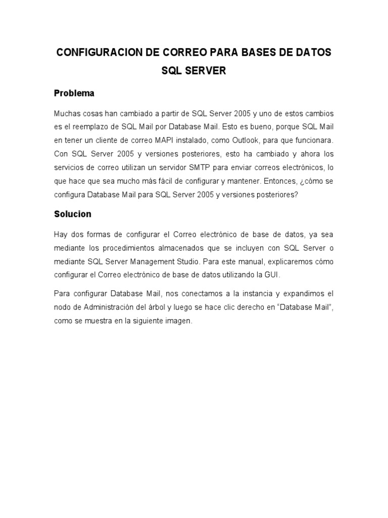 Configura Database Mail en SQL Server | PDF | Servidor SQL de Microsoft | Bases de datos