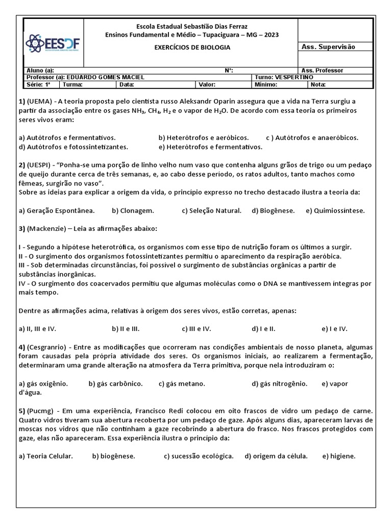Exercícios Origem Da Vida | PDF | Abiogênese | Vida Exercícios Origem Da Vida | PDF | Abiogênese | Vida