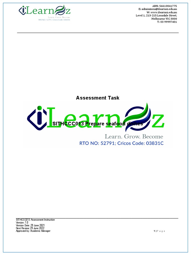 SITHCCC013 - Assessment Task - v1.0 | PDF | Seafood | Cooking