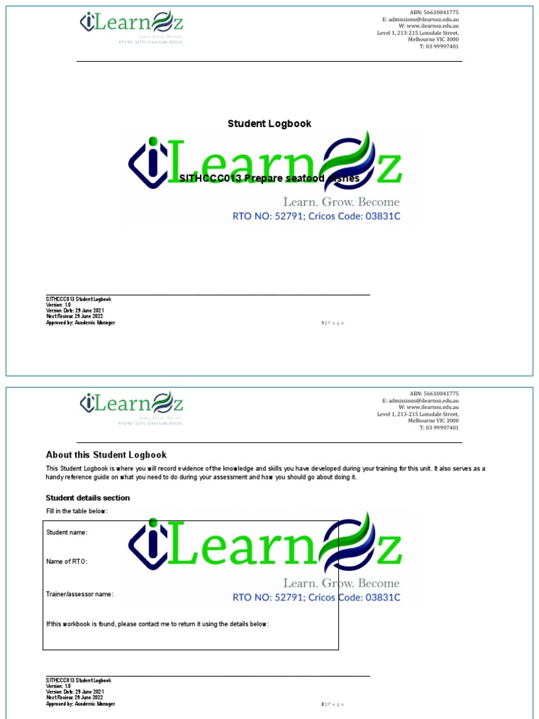 SITHCCC013 - Student Logbook - v1.0 | PDF | Seafood | Cooking