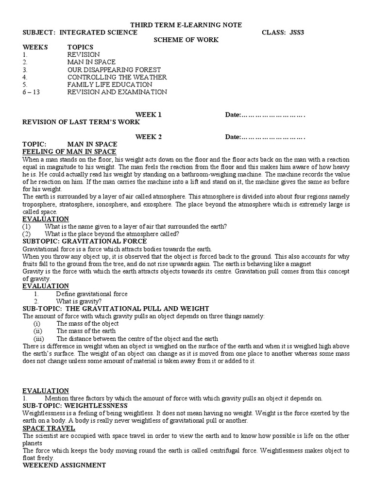 JSS3 Integrated Science Topics | PDF | Weight | Gravity