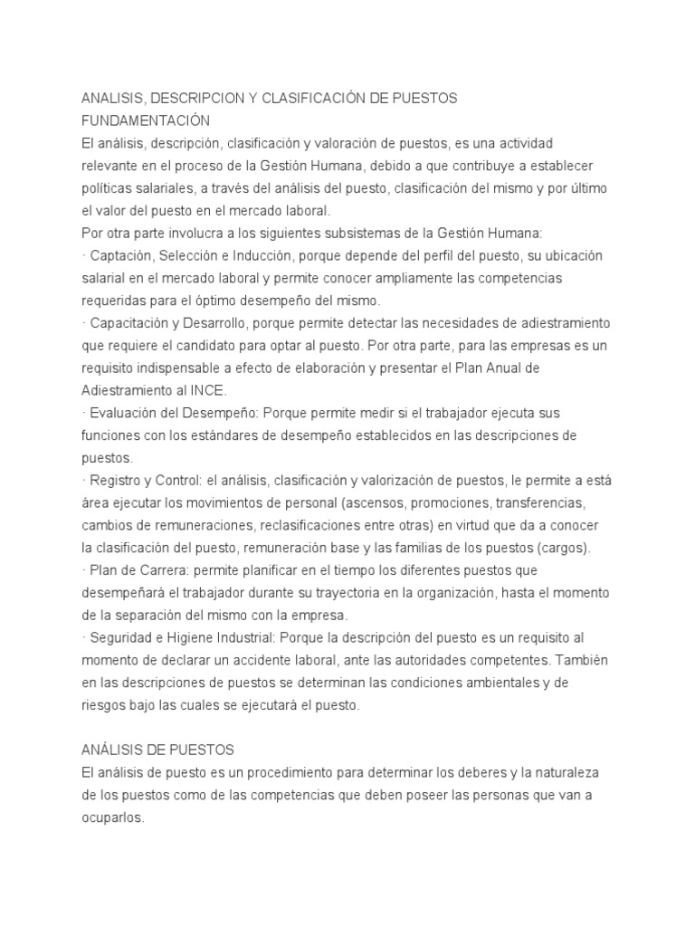 ANALISIS y Descripcion de Puestos | PDF | Gestión de recursos humanos | Análisis