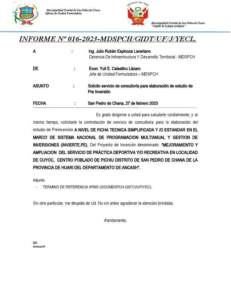Informe #017 - 2023 - Informe de Requerimiento de Servicio de Consultoria de Polidepotivo de ...