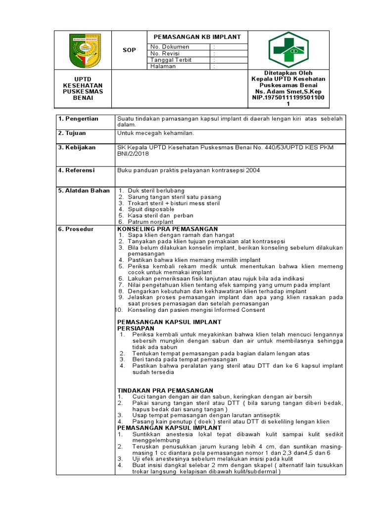 Sop Pemasangan KB Implant | PDF
