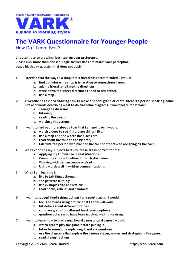 The VARK Questionnaire Younger | PDF | Linguistics | Cognitive Psychology