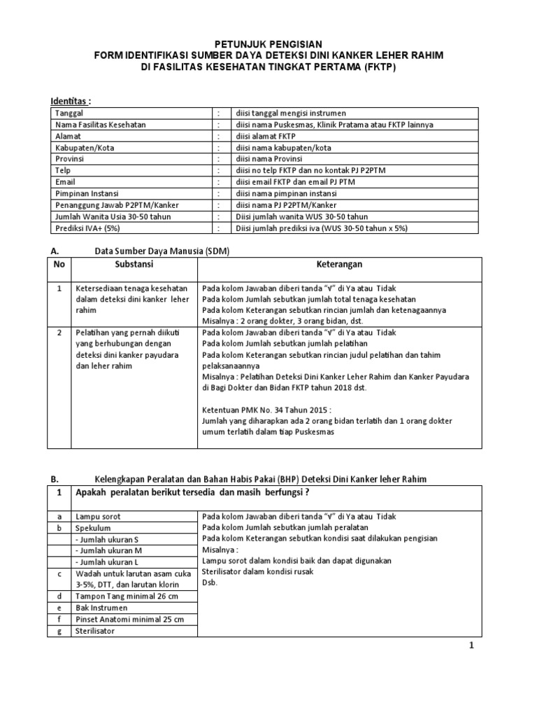 PETUNJUK PENGISIAN_Form Identifikasi Sumber Daya DD Kanker_FKTP | PDF