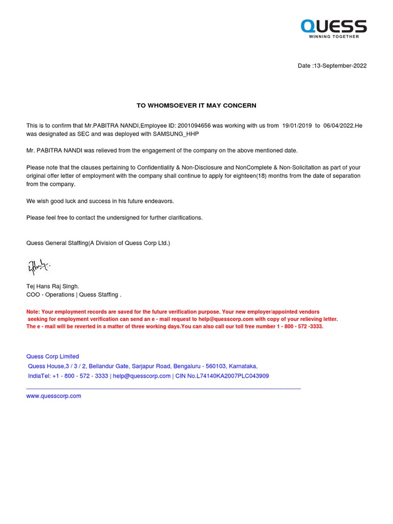 Quess Corp Relieving Letter for Pabitra Nandi | PDF