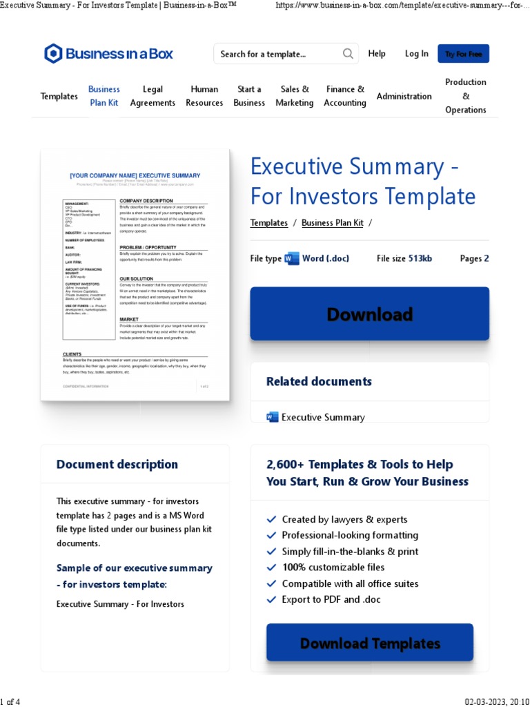 Executive Summary - For Investors Template Business-in-a-Box™ | PDF ...