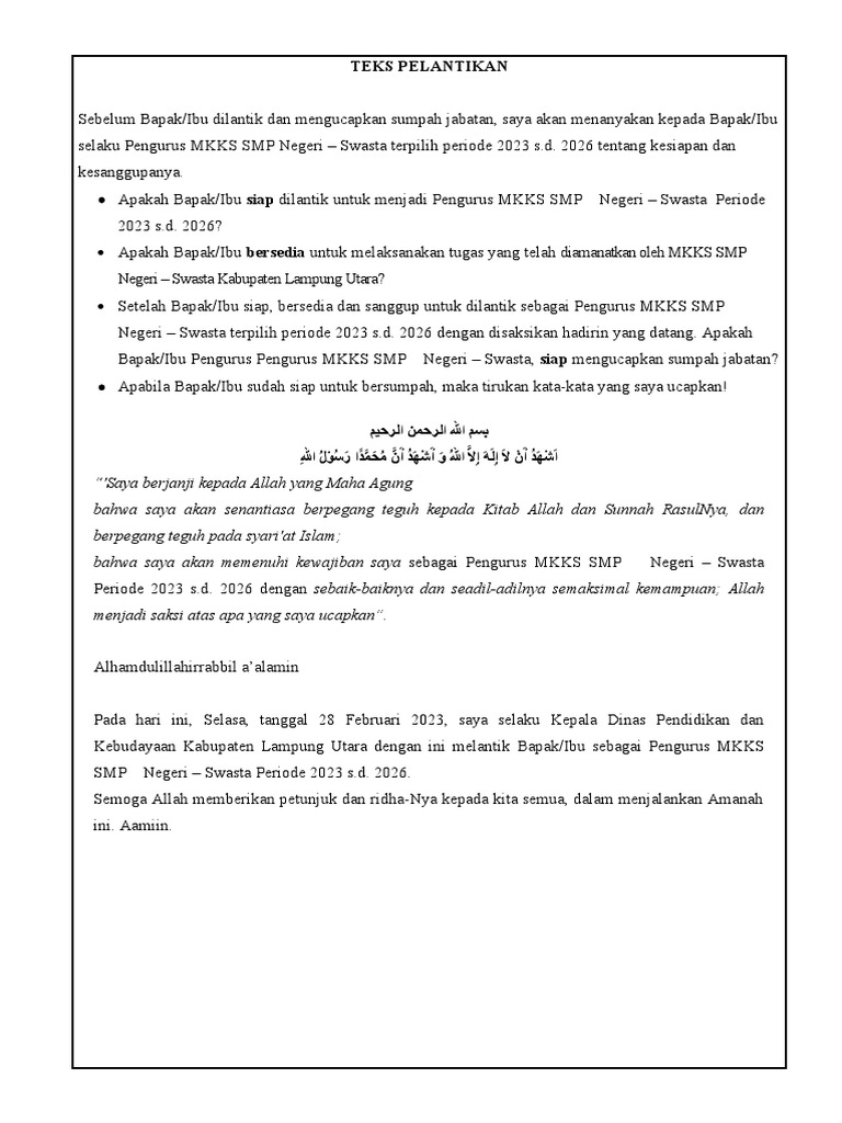 Naskah Pelantikan Pengurus MKKS | PDF