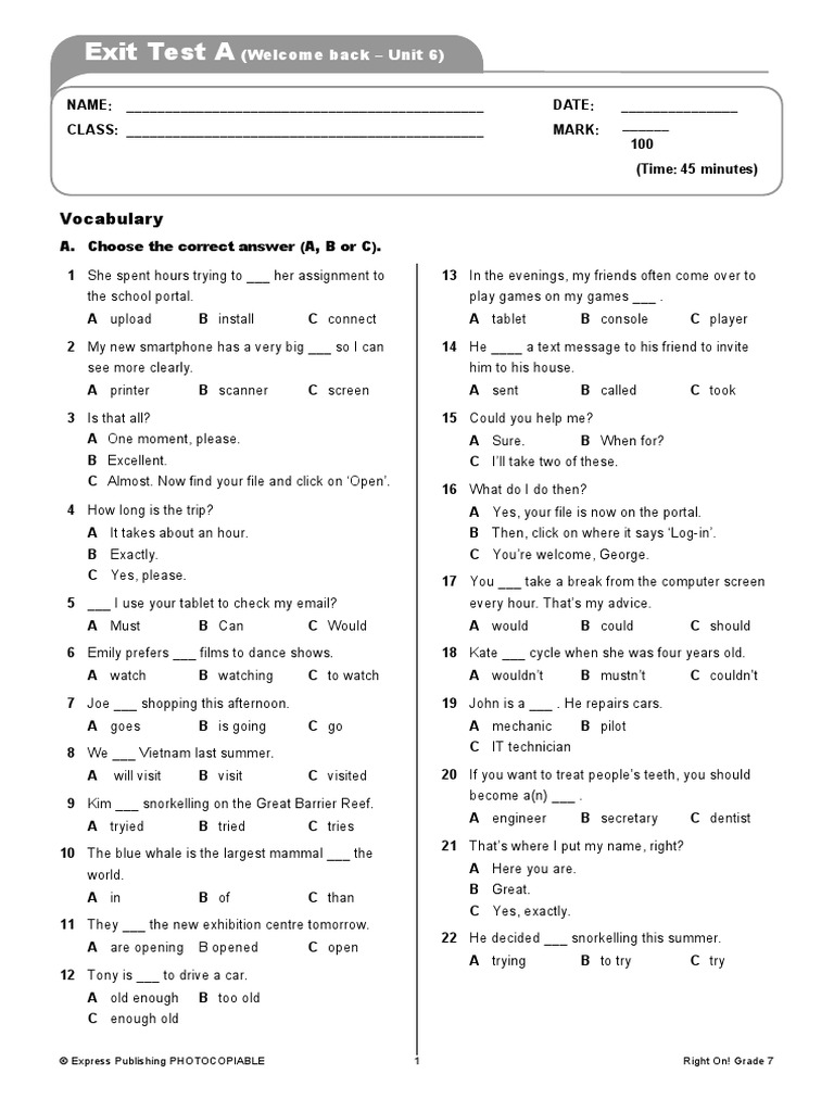 23A Right On gr7 Exit Test Α | PDF | Hue