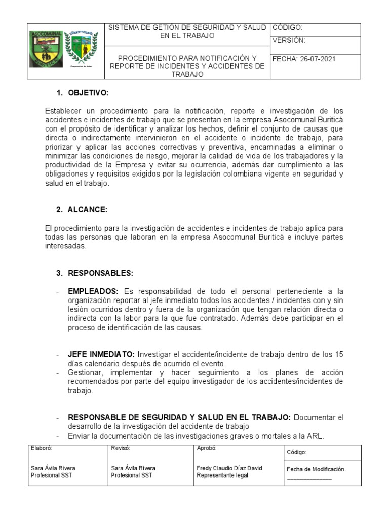 Procedimiento para Notificación y Reporte de Incidentes y Accidentes de ... Procedimiento para Notificación y Reporte de Incidentes y Accidentes de ...