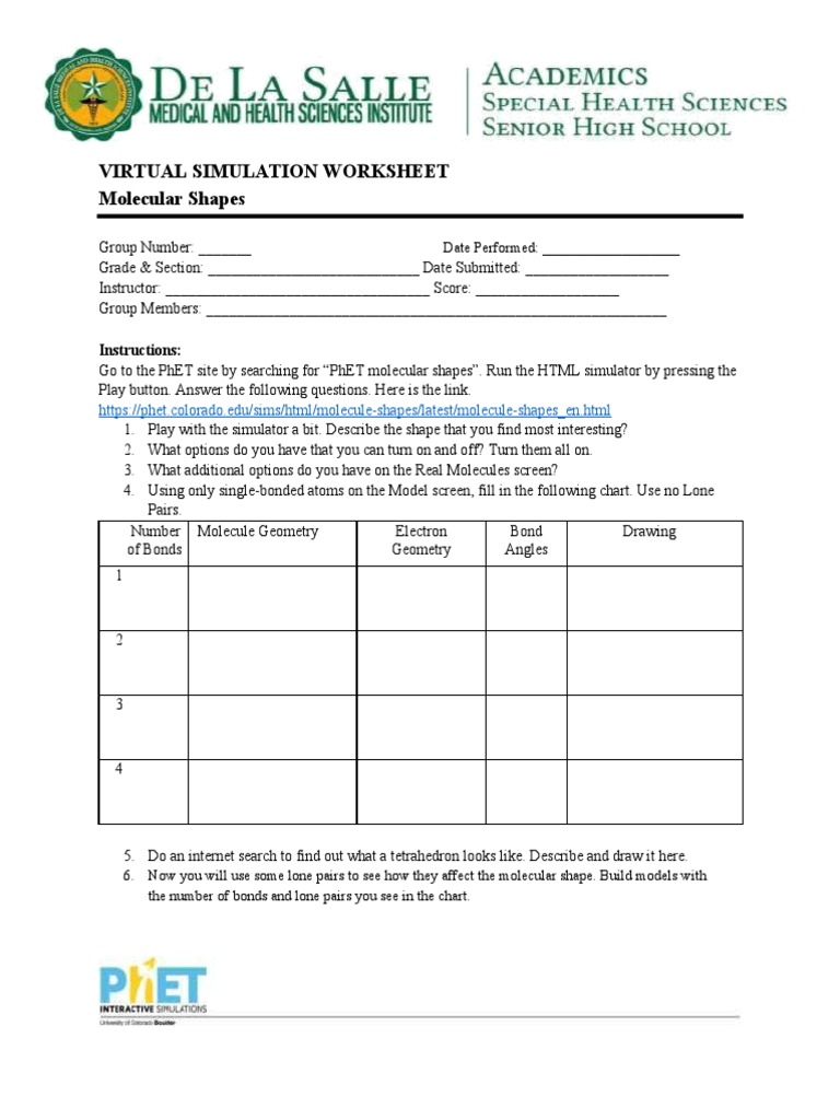 Virtual Simulation Worksheet Molecular Shapes | PDF | Chemical Bond ...