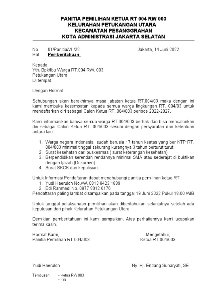 Surat Pemberitahuan Calon RT | PDF