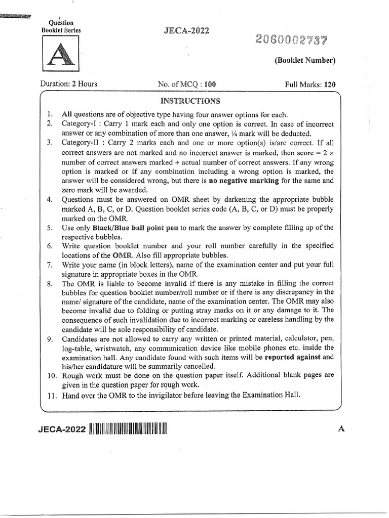 JECA 2020 Question Paper | PDF